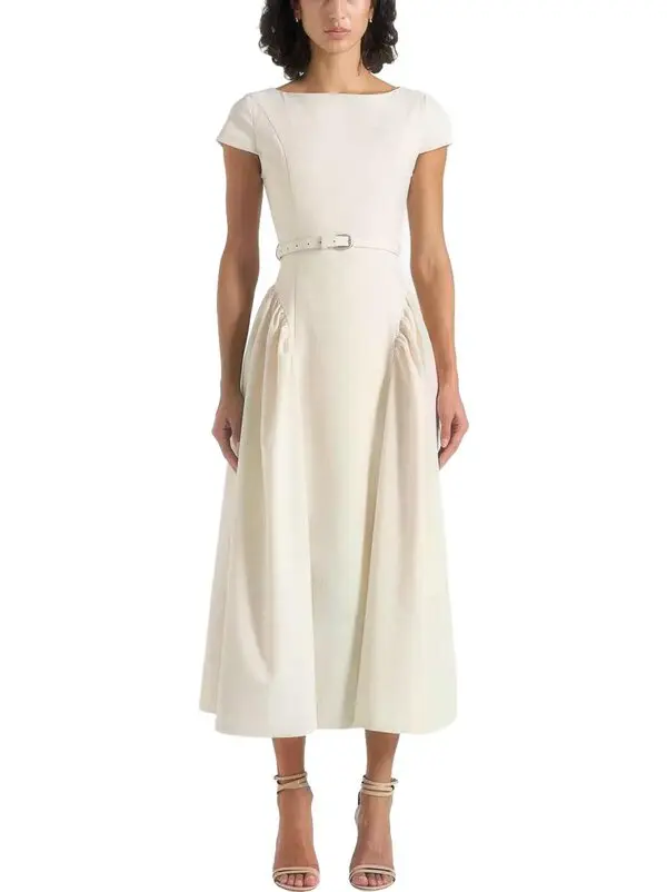 Manière De Voir Maniere De Voir Gaia Linen Boat Neck Belted Midi Dress - Neutrals