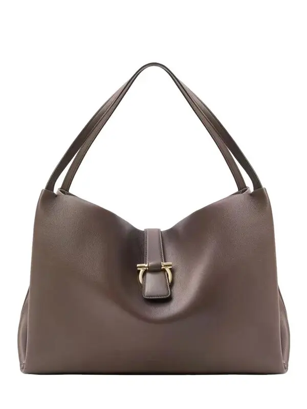 FERRAGAMO Large Mia Gancini Plaque Leather Tote Bag - Brown