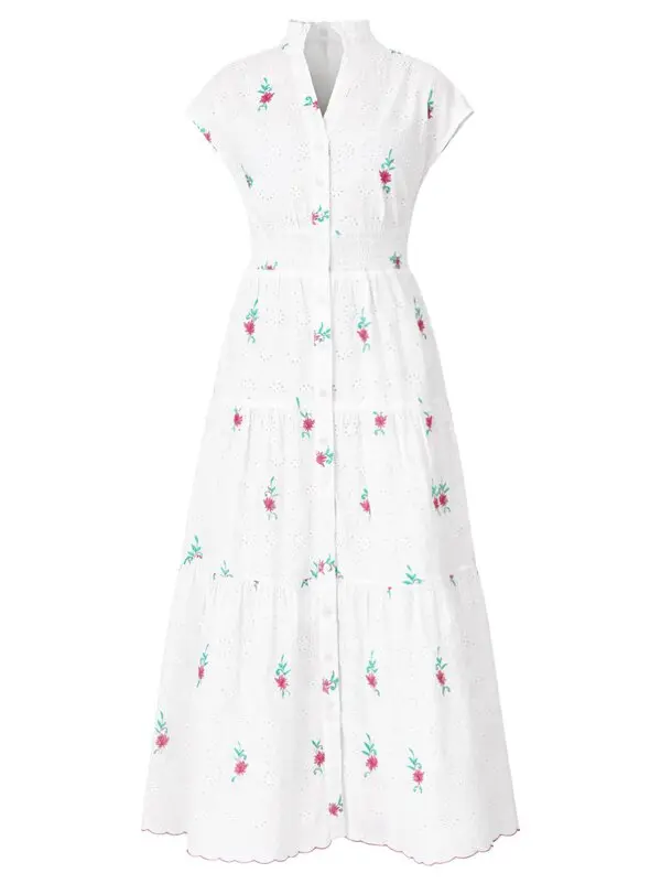 YUMI Cotton Broderie Anglaise Embroidered Midi Dress - White