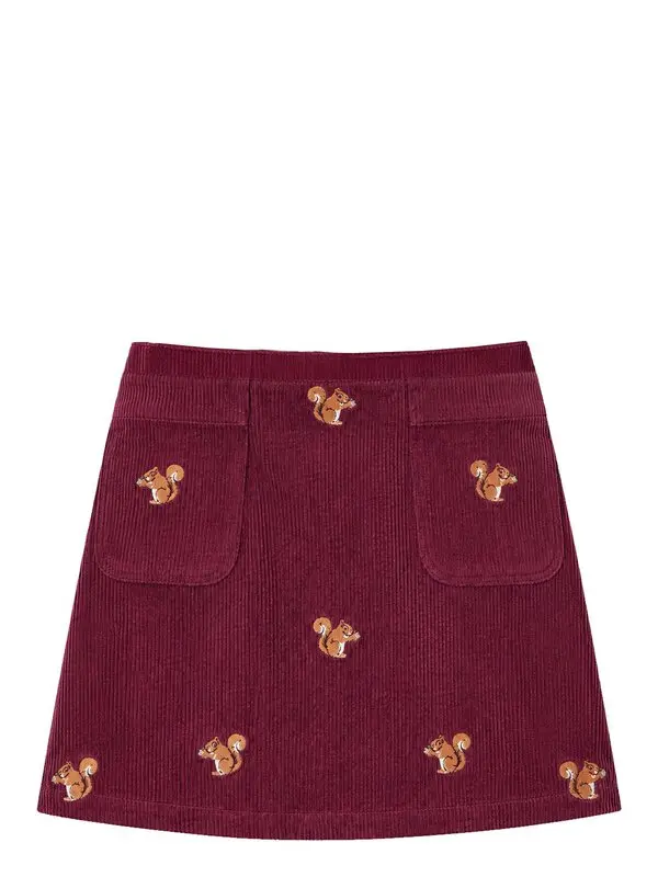 YUMI Embroidered Squirrel Corduroy Mini Skirt - Red