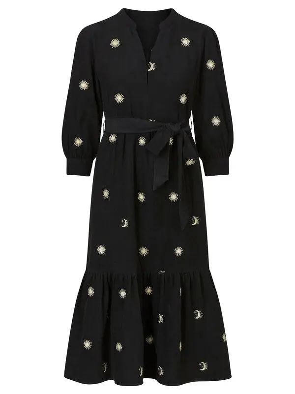 YUMI Cosmic Embroidery Cord Midi Shirt Dress - Black