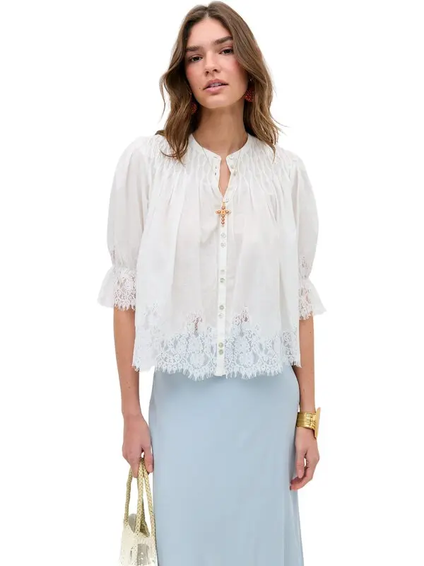 Rixo Erika Lace Trimmed Shirt - White