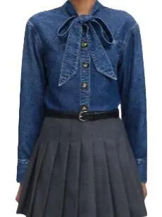 SELF-PORTRAIT Pussy-bow Denim Shirt - Black
