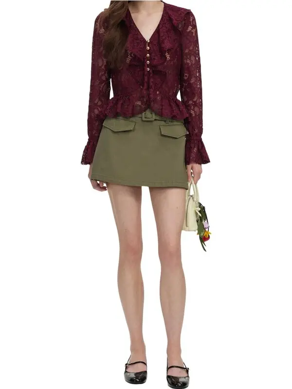 SELF-PORTRAIT Ruffled Lace Top - Plum Color