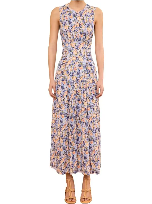 Ulla Johnson Sleeveless Floral Print Midi Dress With Pleated Skirt - Nude