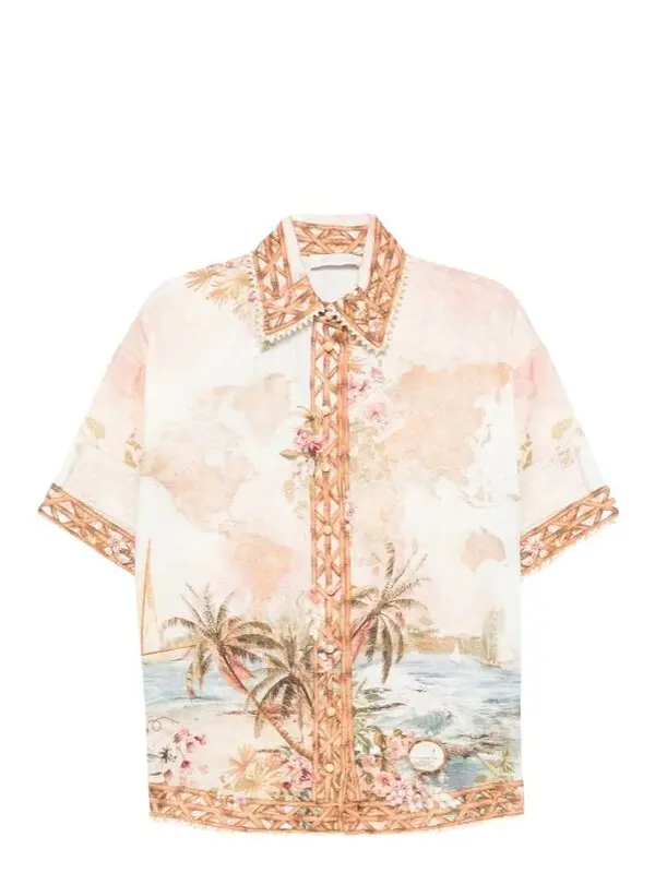 Zimmermann Island Map Print Short Sleeve Shirt - Blue Multicolor