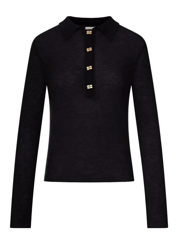 GANNI Ribbed Knit Polo Top - Black