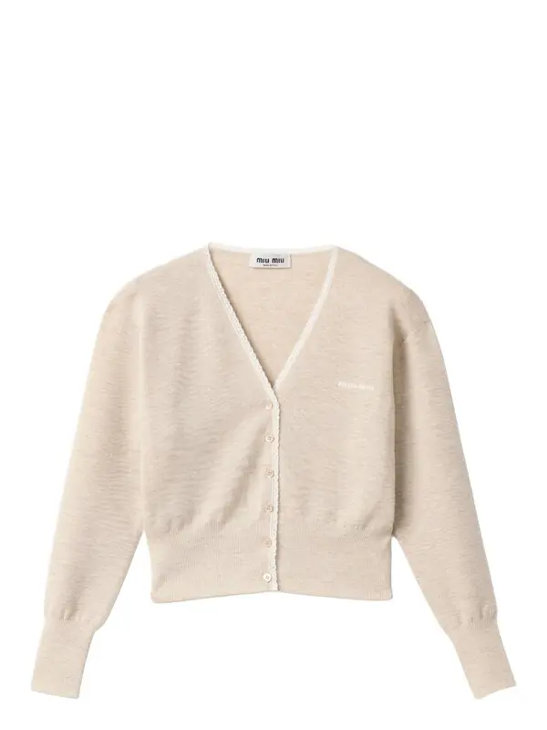 Miu Miu Cashmere Cardigan With Lace Trim And Logo - Ivory