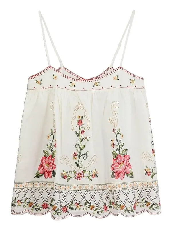 Farm Rio Embroidered Sleeveless Top With Adjustable Straps - White