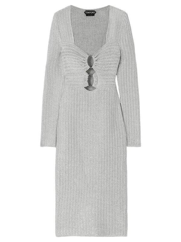 TOM FORD Ribbed Metallic Cutout Midi Dress - Silver
