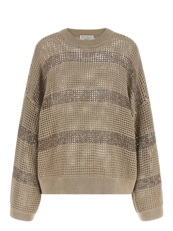Brunello Cucinelli Striped Crewneck Sweater With Sequin Accents - Nude