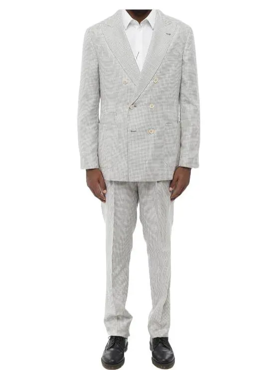 Brunello Cucinelli Houndstooth Double-breasted Suit - Light Gray