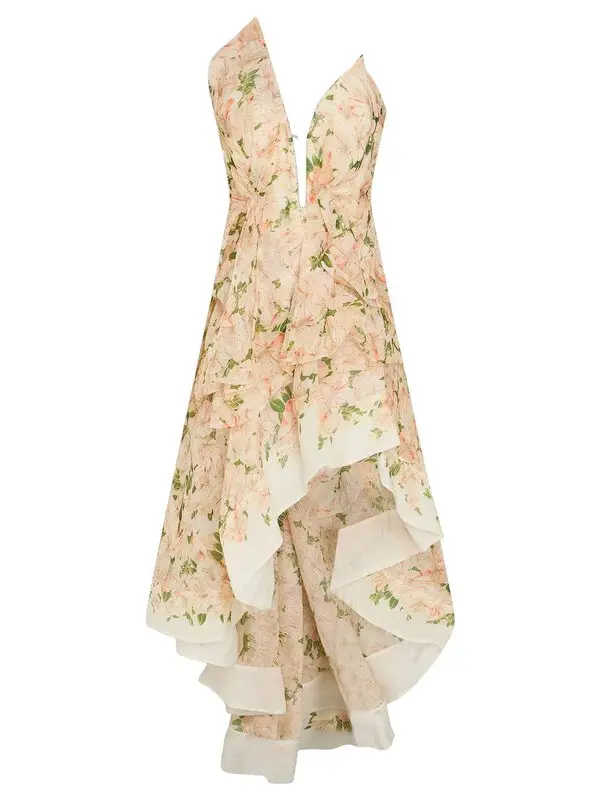 Zimmermann Strapless Asymmetrical Floral Print Linen And Silk-blend Maxi Dress - Pastel Orange