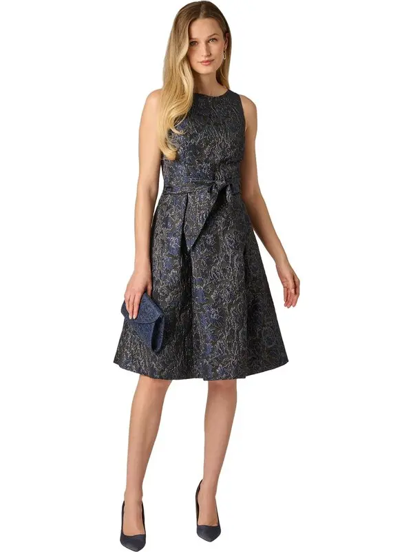 Adrianna Papell Jacquard Tie Front Fit And Flare Midi Dress - Black/navy