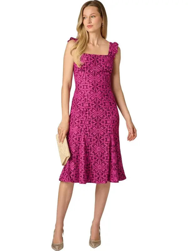 Adrianna Papell Floral Geometric Lace A-line Midi Dress - Berry Multi