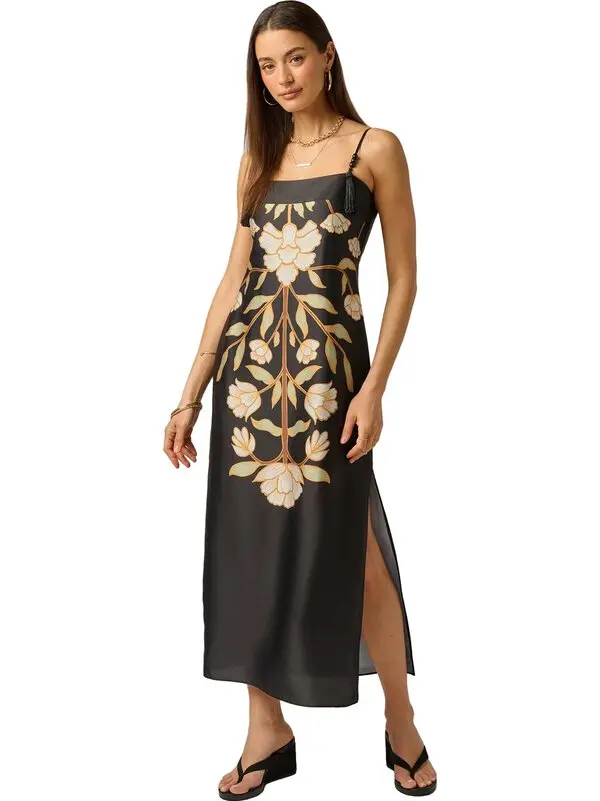 Adrianna Papell Floral Printed Satin Midi Slip Dress - Black Multi