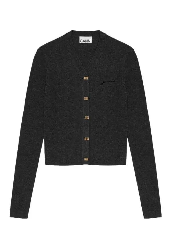 GANNI V-neck Logo Embroidered Cardigan - Phantom Black