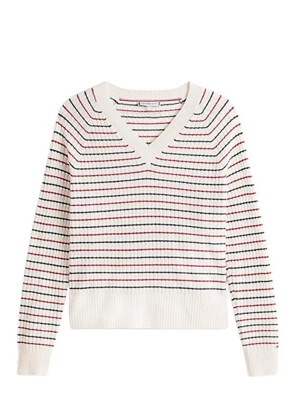 Tommy Hilfiger Long Sleeve V-neck Sweater With Ribbed Details - White