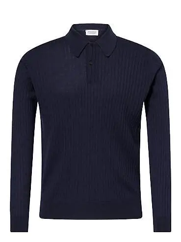 John Smedley Ribbed Merino Wool Long Sleeve Polo Jumper - Midnight