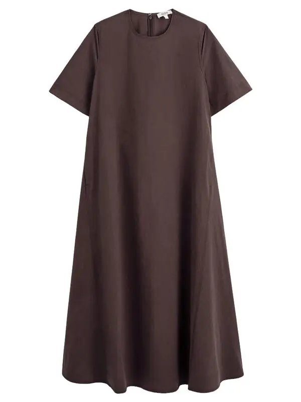 Cos Cotton Poplin Midi Dress With Raw-cut Edges - Brown
