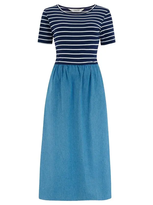 SUGARHILL BRIGHTON Midi Dress With Striped T-shirt Bodice And Denim Skirt - Blue