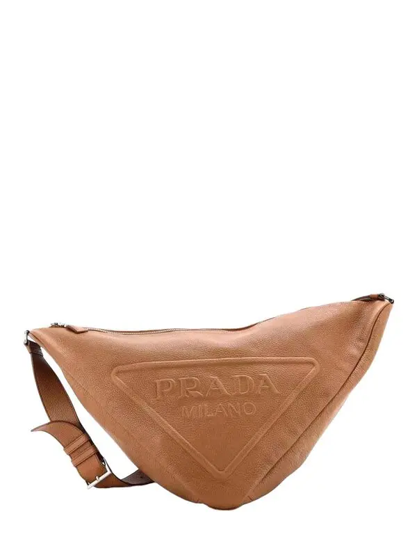 Prada Triangle Logo Zip Messenger Leather Bag - Brown