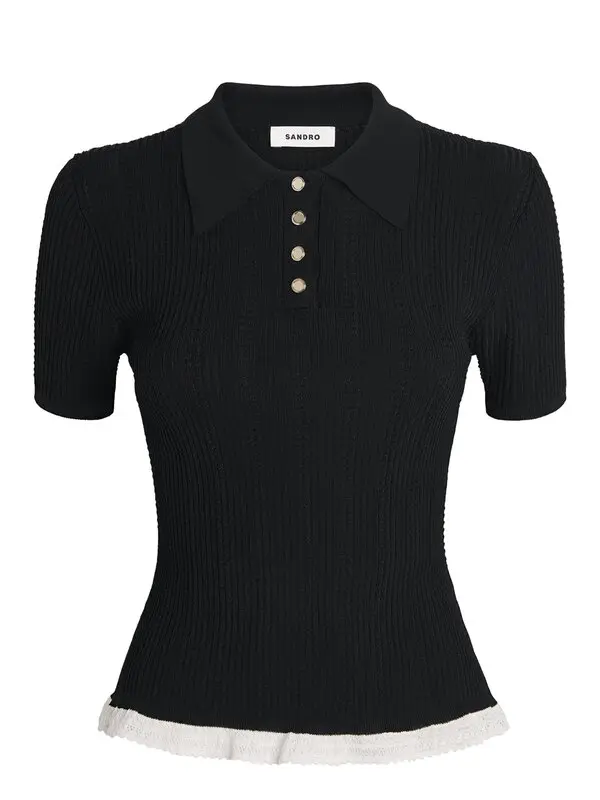 Sandro Ribbed Knit Polo Shirt With Trim Detail - Black