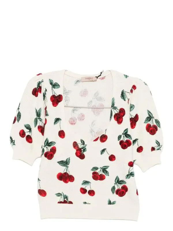 TWINSET Cherry Print Wide-neck Knitted Top - White