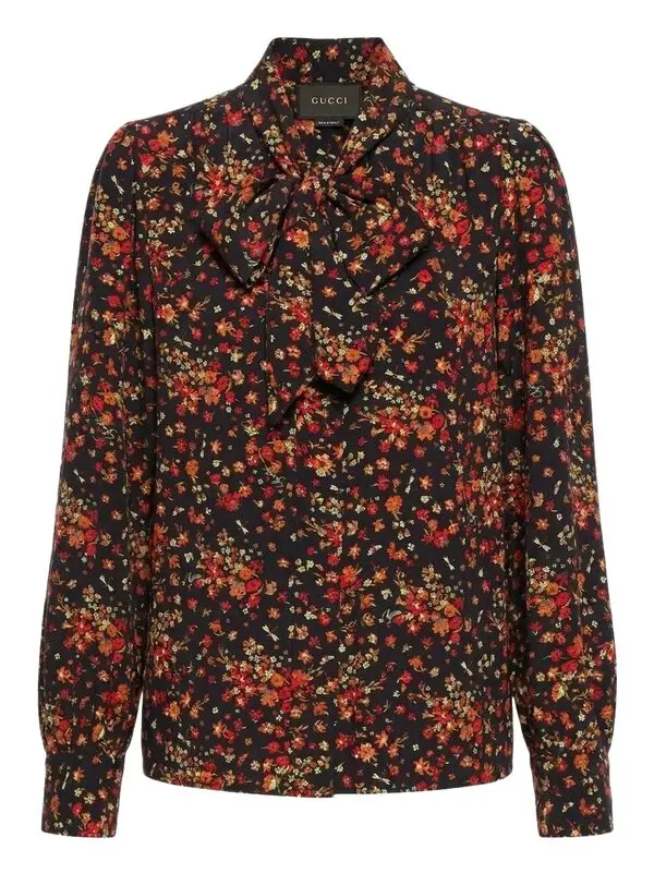 Gucci Allover Floral Print Shirt With Self-tie Bow - Black And Red