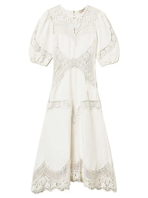 TWINSET Embroidered Lace Midi Dress With Puff Sleeves - No
