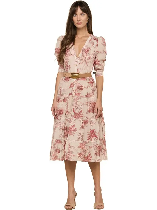 L'Agence Serafine Midi Dress Textured Jungle Print - Tan Multi Textured Jungle Toile