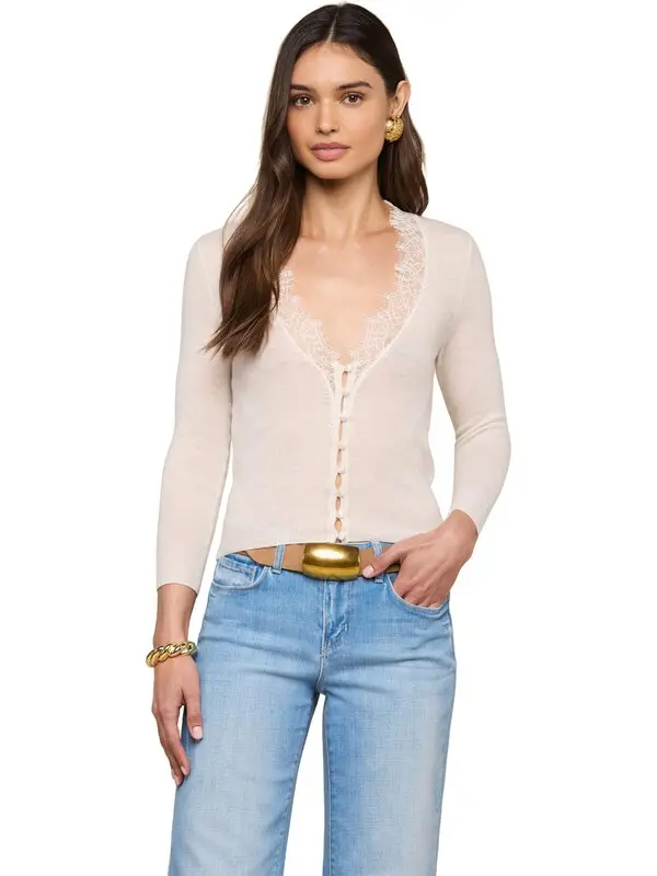 L'Agence Eluna Lace Inset Cardigan Top - Ivory