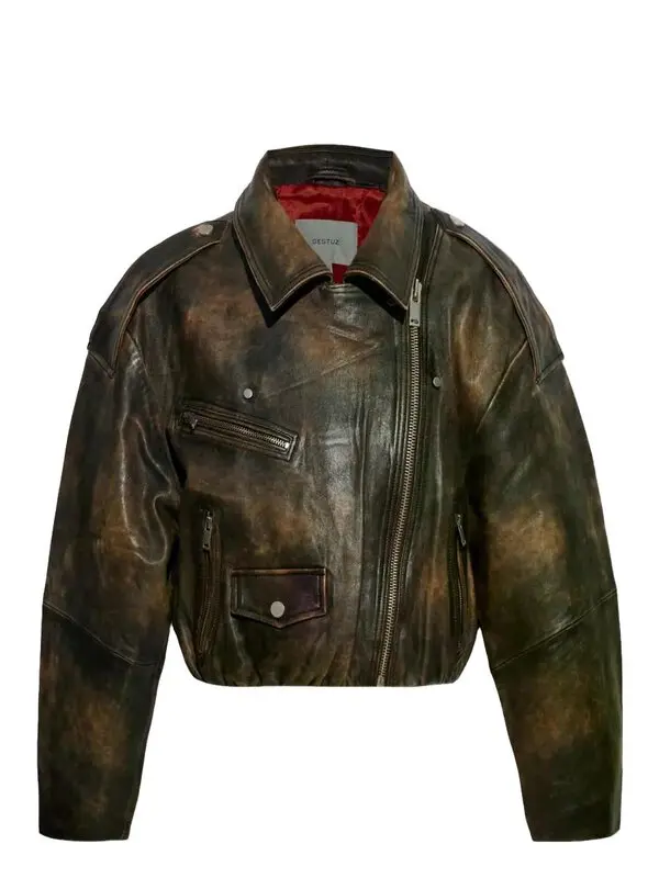 GESTUZ Diana Distressed Leather Biker Jacket - Brown