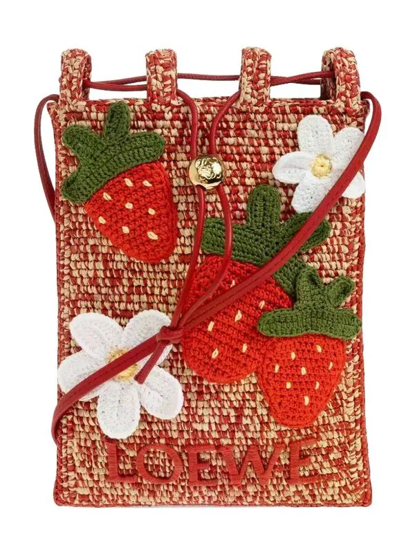 Loewe Raffia Crossbody Bag With Strawberry Embellishment - Red