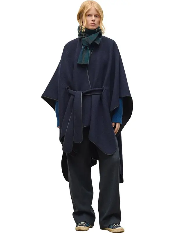 Johnstons Of Elgin Belted Cape With Leather Binding - Navy