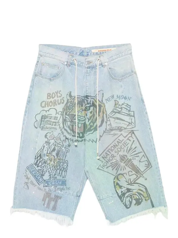 SECND SLF Graphic Print Raw-cut Shorts - Blue