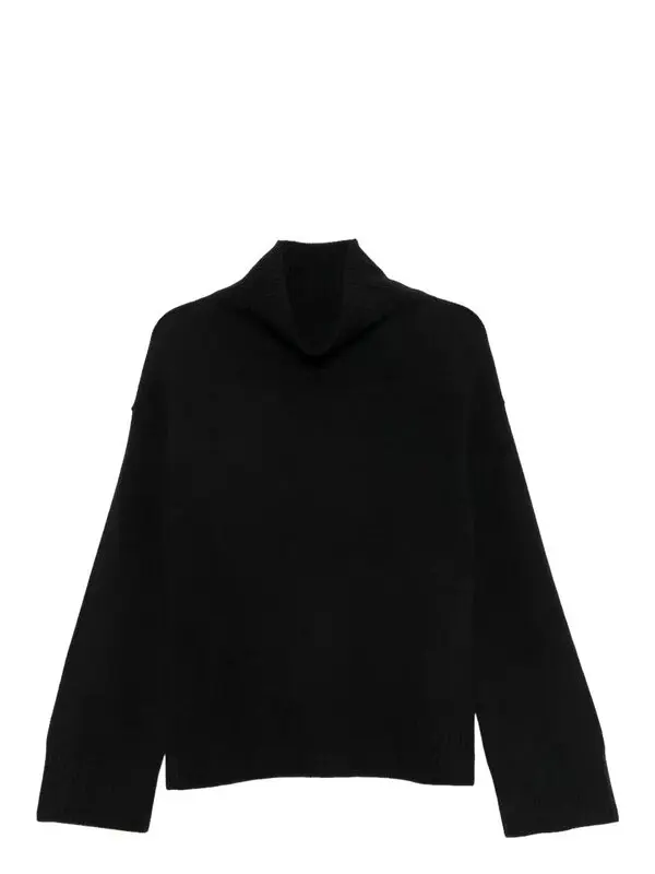 Soft Goat Roll Neck Ribbed Trim Sweater - Black