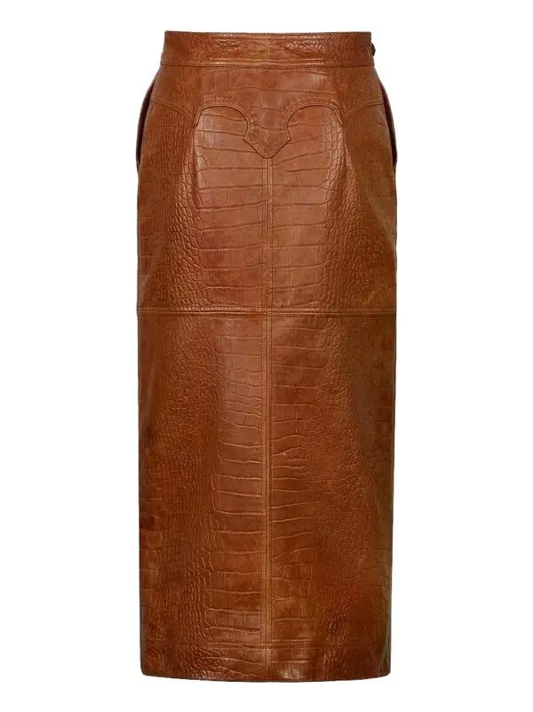 Johanna Ortiz Croc-effect Leather Skirt - Brown