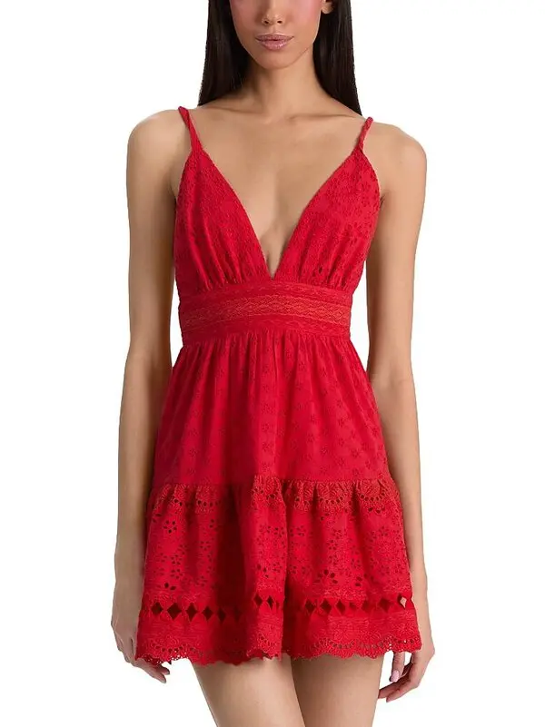 Alice + Olivia Lorene Embroidered Eyelet Mini Dress - Chili Pepper