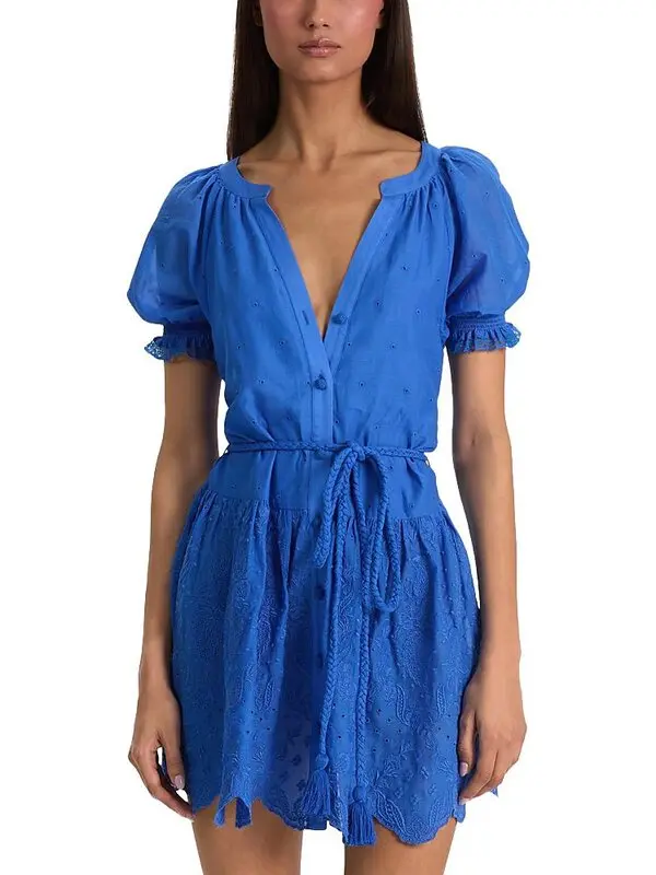 Alice + Olivia Eyelet Puff Sleeve Dress - Blue Iris