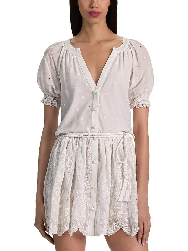 Alice + Olivia Eyelet Puff Sleeve Dress - Off White