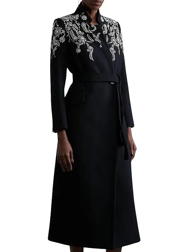 Karen Millen Tailored Wool Double Breasted Embellished Midi Coat - Black