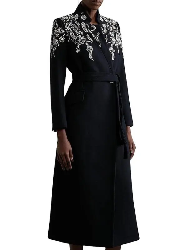 Karen Millen Tailored Wool Double Breasted Embellished Midi Coat - Black