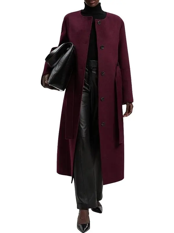 Karen Millen Wool Single Breasted Belted Maxi Coat - Burgundy