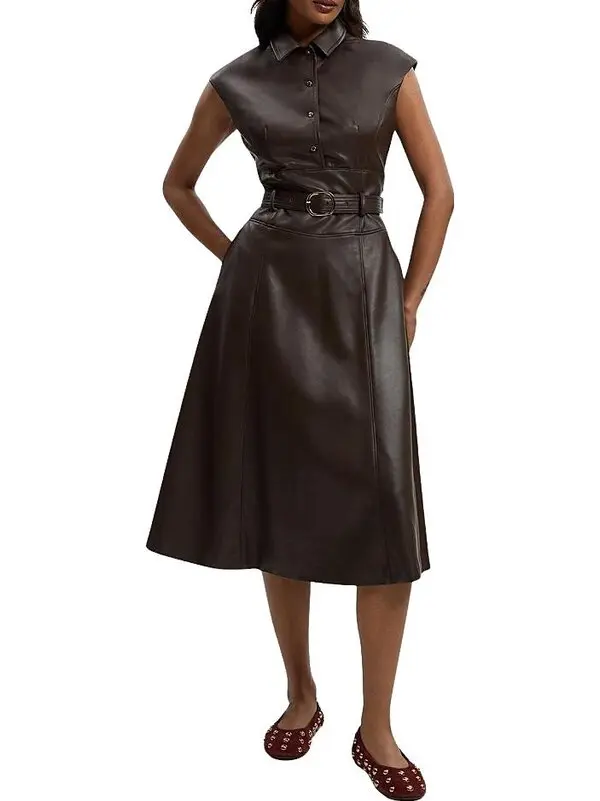 Karen Millen Faux Leather Belted Midi Dress - Chocolate