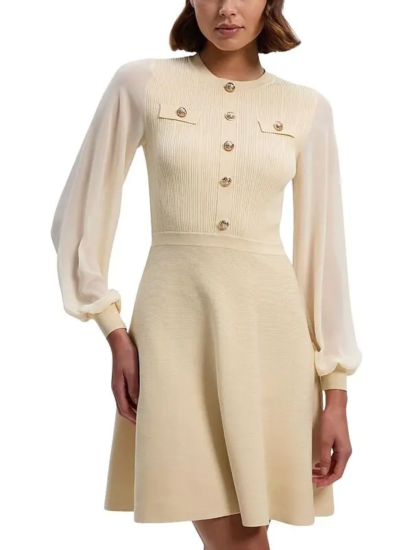 Karen Millen Chiffon Sleeve Military Knit Mini Dress - Cream