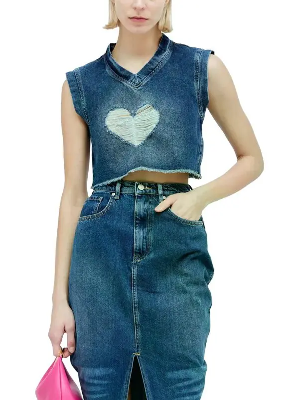REWARD IF FOUND Distressed Heart Denim V-neck Top - Blue