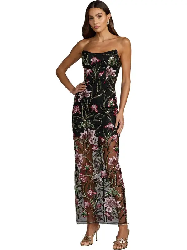Mac Duggal Strapless Floral Embroidered Column Gown - Black Multi