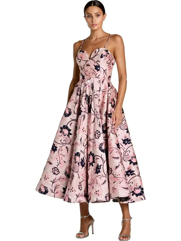 Mac Duggal Sweetheart Neckline Brocade A-line Midi Dress - White Multi