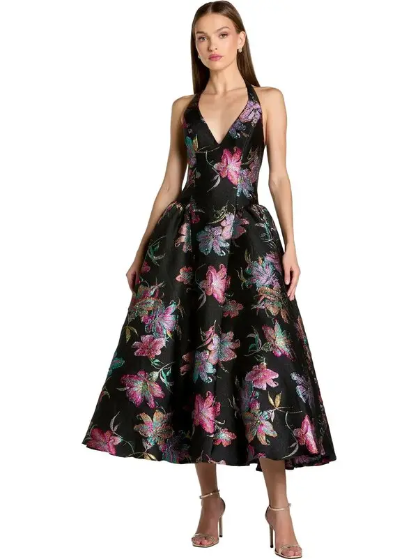 Mac Duggal Shimmer Brocade Halterneck Midi Dress - Black Multi